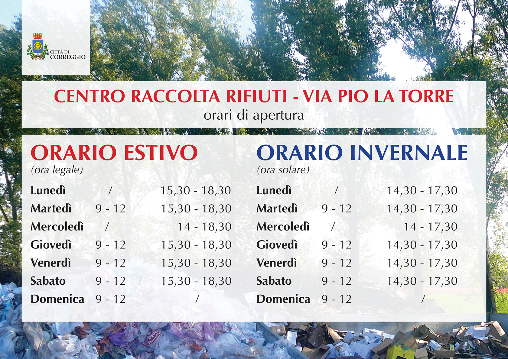 Orari Isola Ecologica – Comune di Correggio